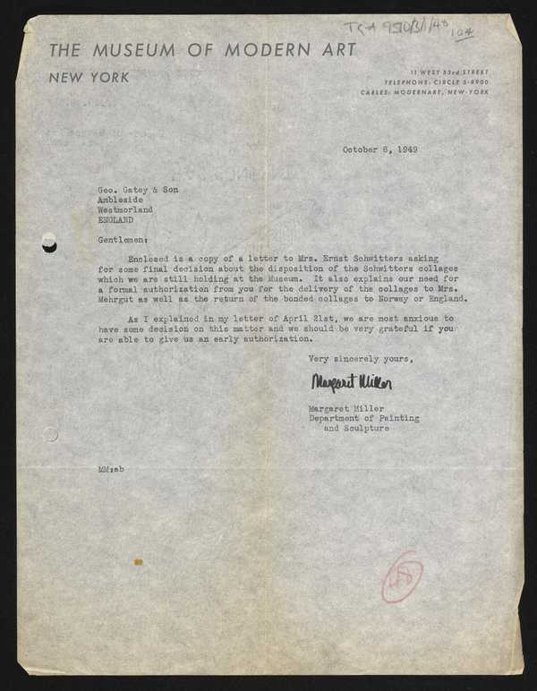 Letter from Margaret Miller at the Museum of Modern Art to Geo. Gatey ...