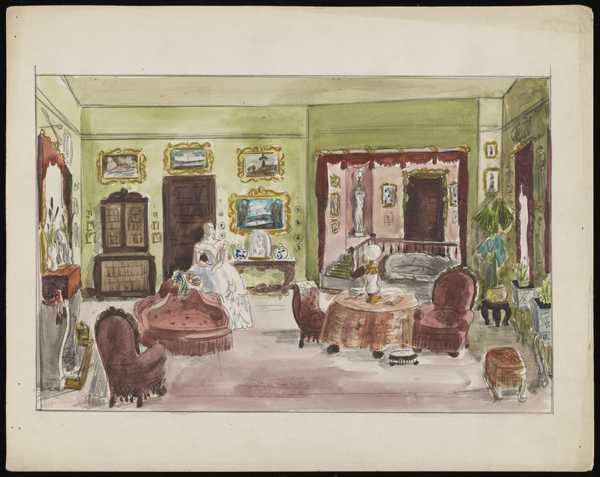 Untitled set design showing a female figure in a white dress wearing a ...