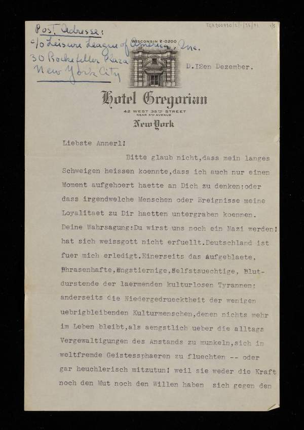 Letter from Edward Renouf to Anny Schey von Koromla‘, Edward Renouf ...