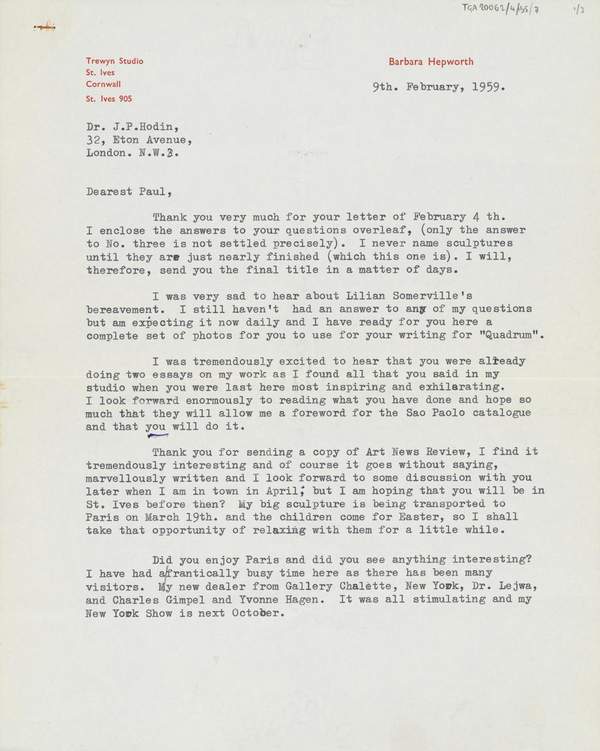 Letter from Barbara Hepworth to J.P. Hodin‘, Dame Barbara Hepworth ...