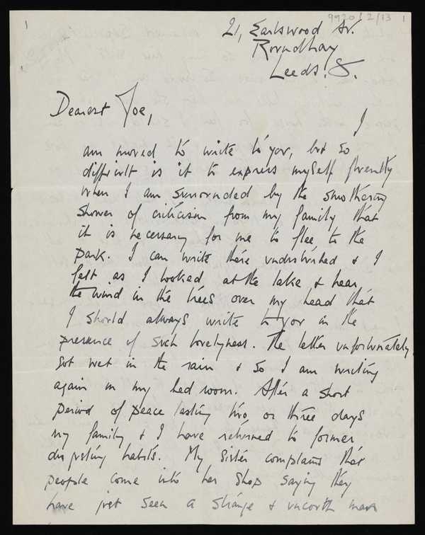 Letter from Kenneth Armitage to Joan Moore, addressed 21 Earlswood ...