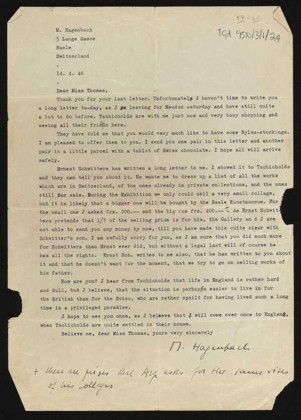 Letter from M. Hagenbach to Edith Thomas about Schwitters’ work in ...