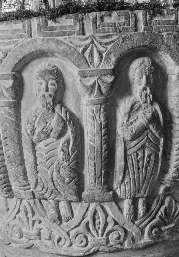 Photograph of a stone font at St Peter’s church in Rendcomb ...