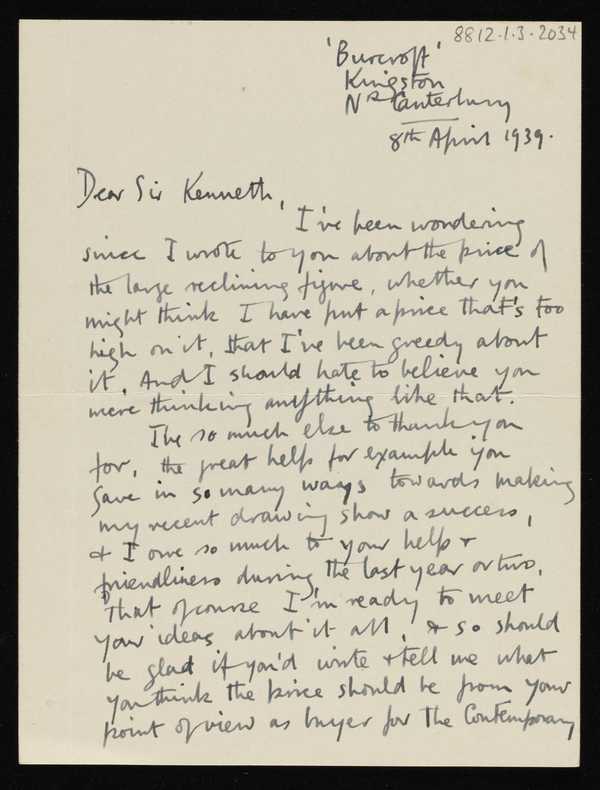 Letter from Henry Moore to Kenneth Clark‘, Henry Moore OM, CH ...