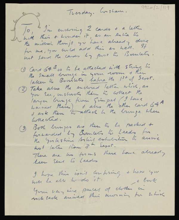 Letter from Kenneth Armitage to Joan Moore, addressed Corsham‘, Kenneth ...
