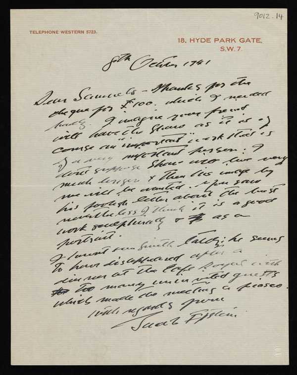 Letter from Jacob Epstein to Mr S. Samuels‘, Sir Jacob Epstein ...