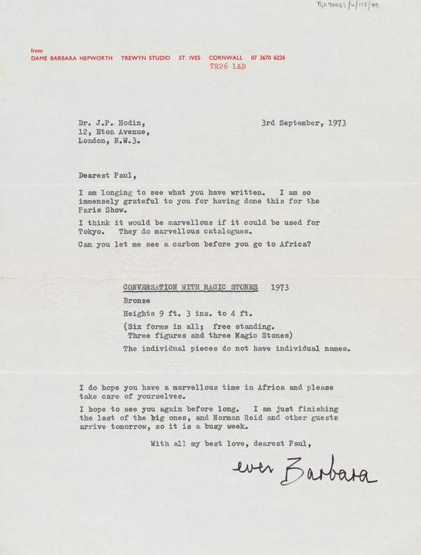 Letter from Barbara Hepworth to J.P. Hodin‘, Dame Barbara Hepworth ...
