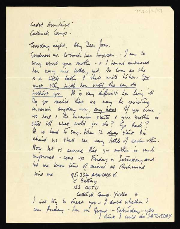 Letter from Kenneth Armitage to Joan Moore, addressed Catterick Camp ...