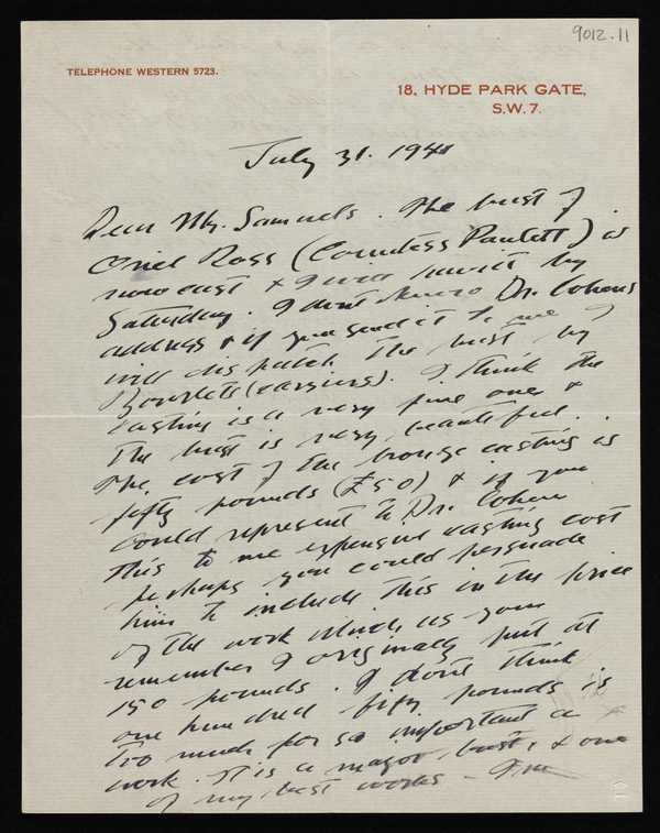 Letter from Jacob Epstein to Mr S. Samuels‘, Sir Jacob Epstein ...