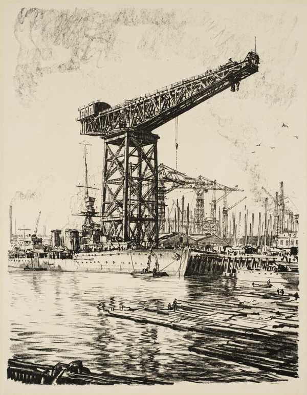 ‘Building Ships: A Fitting Out Basin‘, Sir Muirhead Bone, c.1917 | Tate