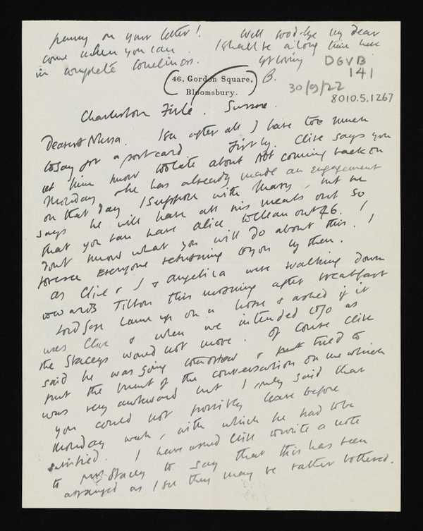 Letter from B. [Duncan Grant] to Vanessa Bell‘, Duncan Grant, recipient ...