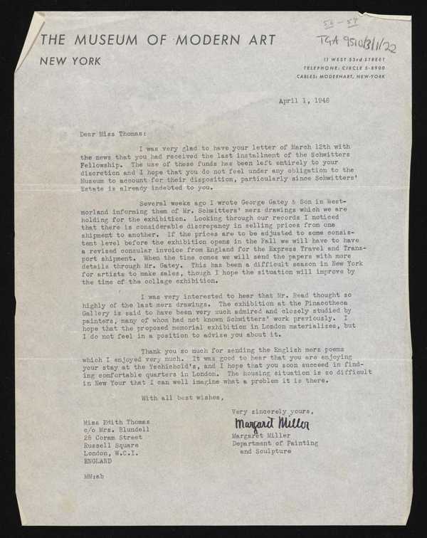 Letter from Margaret Miller at the Museum of Modern Art to Edith Thomas ...
