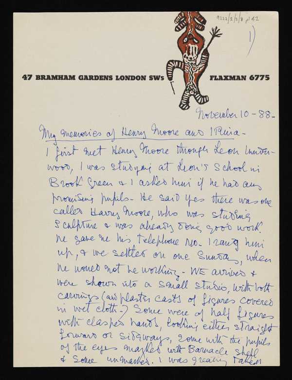 Note by Eileen Agar on her memories of Henry Moore and Irina‘, Eileen ...