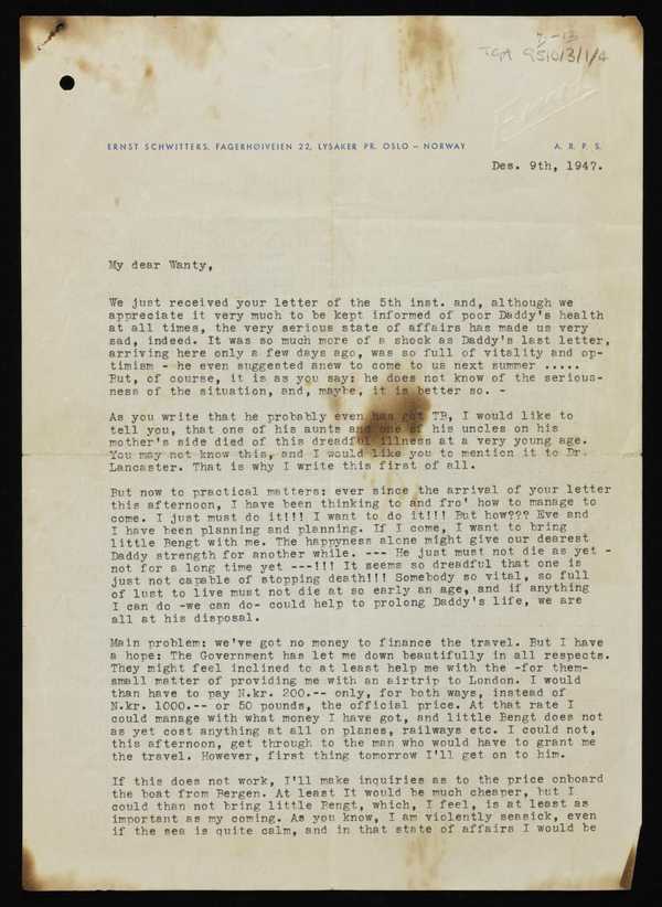 Letter from Ernst Schwitters to Edith Thomas (‘Wanty’)‘, Ernst ...