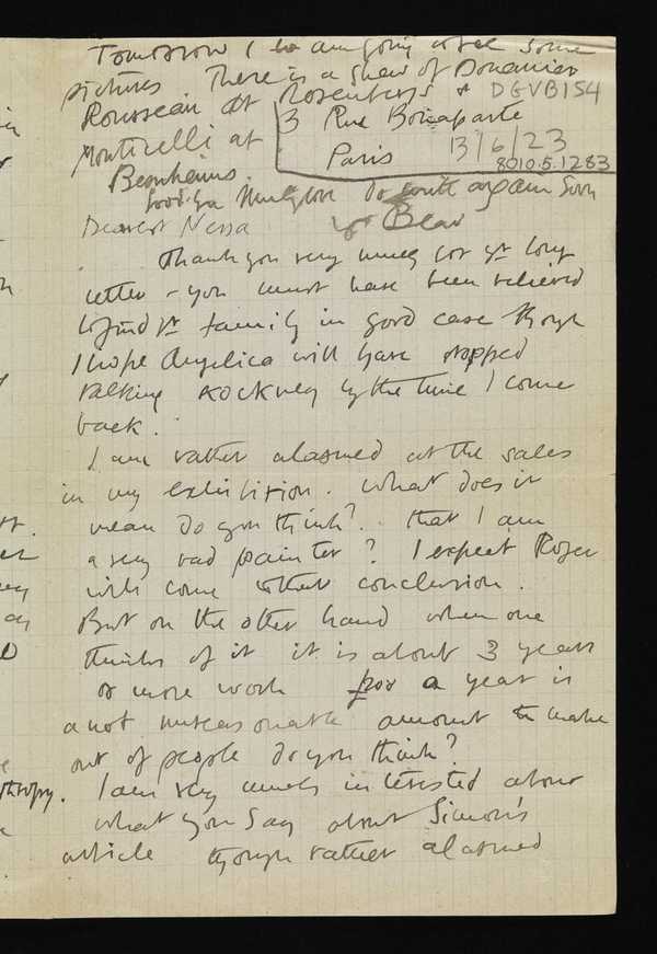 Letter from Bear [Duncan Grant] to Vanessa Bell‘, Duncan Grant ...