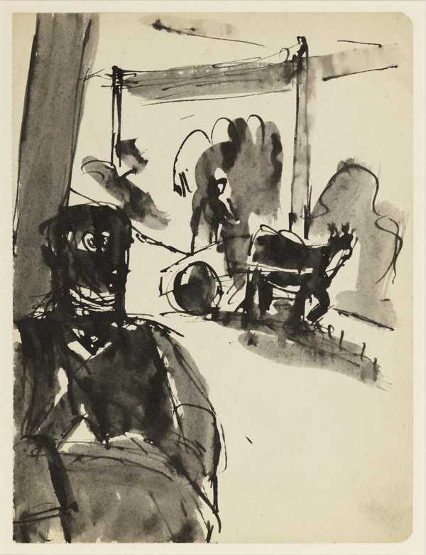 Sketch of a figure and post with horse and cart in background‘, Josef ...