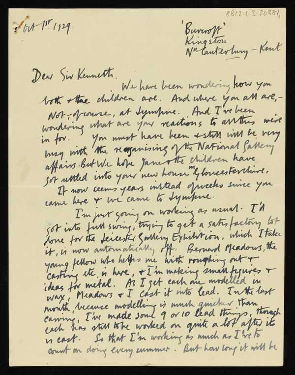 Letter from Henry Moore to Kenneth Clark‘, Henry Moore OM, CH ...