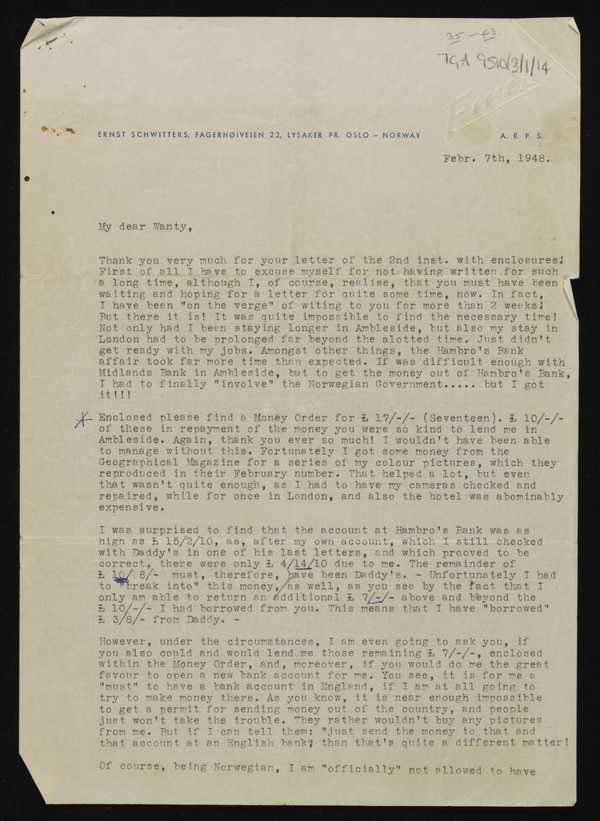 Letter to Edith Thomas (‘Wanty’) from Ernst Schwitters‘, Ernst ...