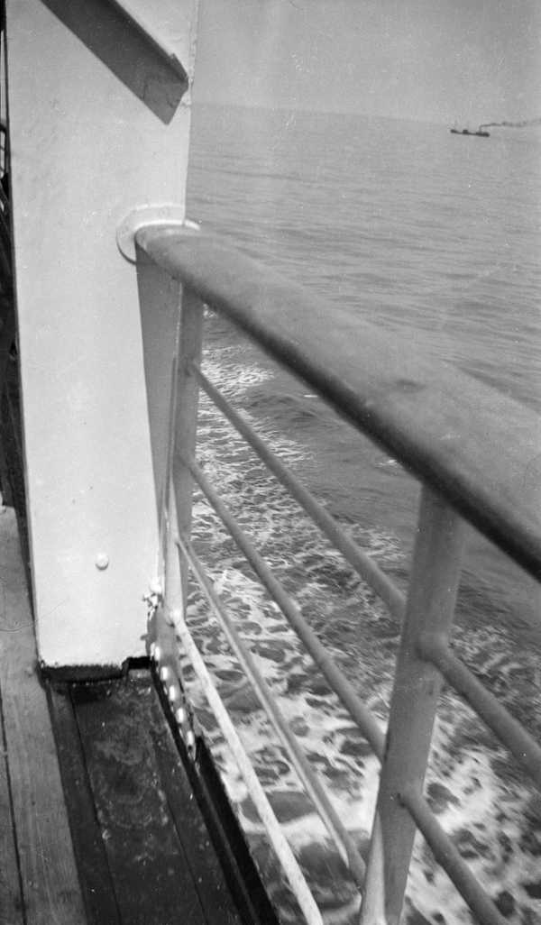 Black and white negative, ship’s railings and wash, Atlantic voyage ...
