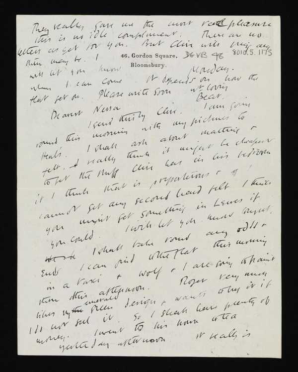 Letter from Bear [Duncan Grant] to Vanessa Bell [Charleston]‘, Duncan ...