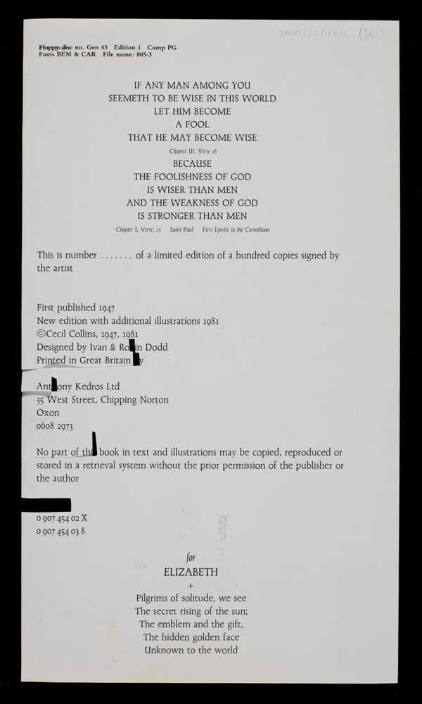 Typed proof text for the re-issue of, ‘The Vision of the Fool’, by ...