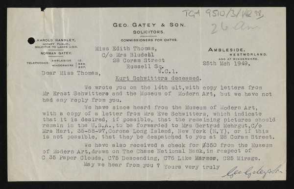 Letter to Edith Thomas from Geo. Gatey & Son as a follow up to their ...