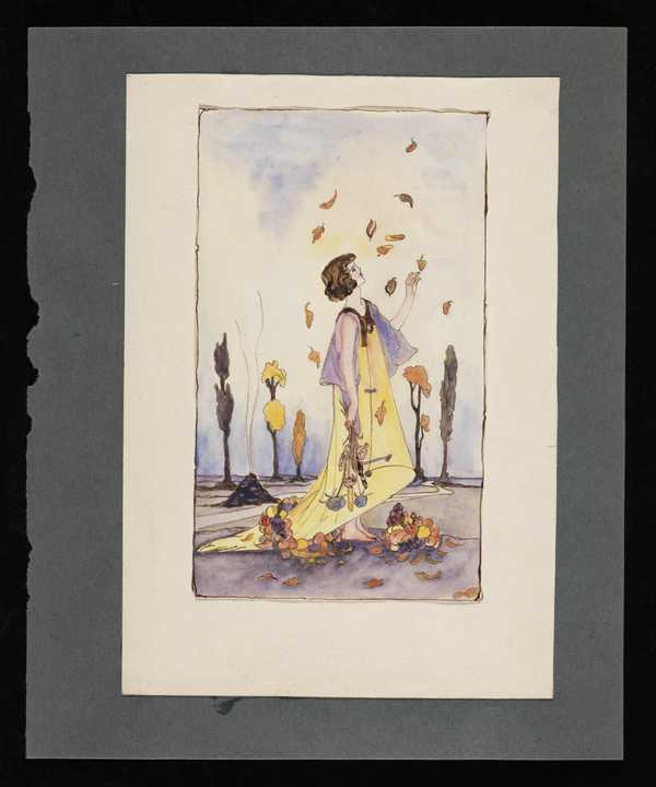 Watercolour showing a girl with fruit and falling leaves‘, Ithell ...