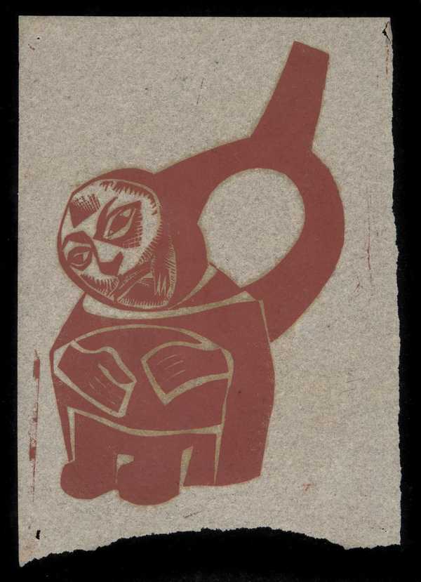 Linocut] print of a stylised male figure with a handle or similar ...