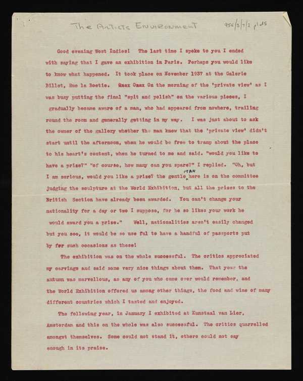 Ronald Moody S Typescript For ‘the Artist S Environment Part Of Bbc S ‘discovering Art Series