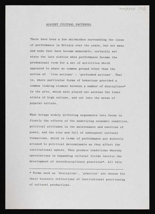 Annotated draft copy of a typed document entitled, ‘Against Cultural ...