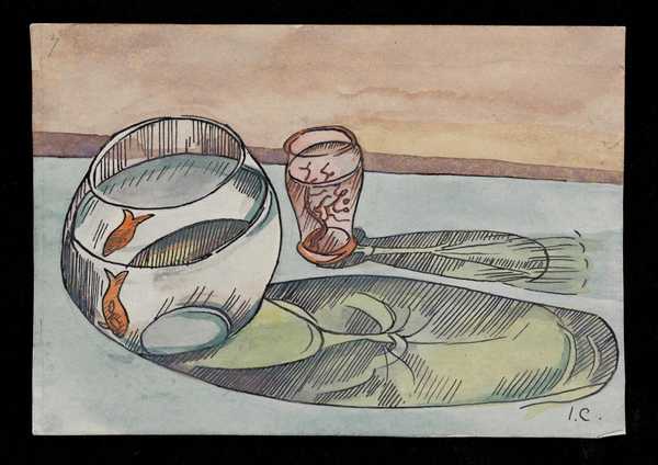 Watercolour showing a goldfish in a bowl and seaweed in a glass ...
