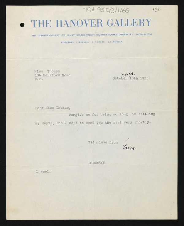 Letter from The Hanover Galley to Edith Thomas regarding payment for ...