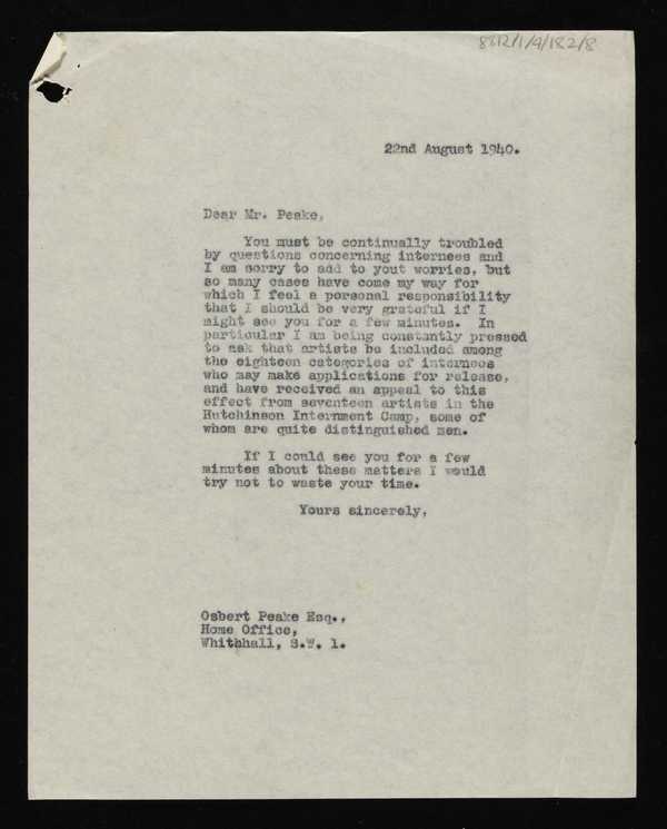 Copy of a letter written to Osbert Peake from the British Home Office ...