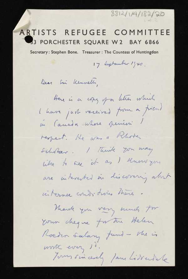 Letter to Kenneth Clark from Ian Liddendale at the Artists’ Refugee ...