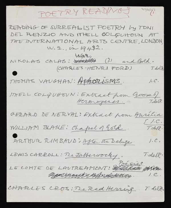 List of surrealist poetry readings by Ithell Colquhoun and Toni del ...