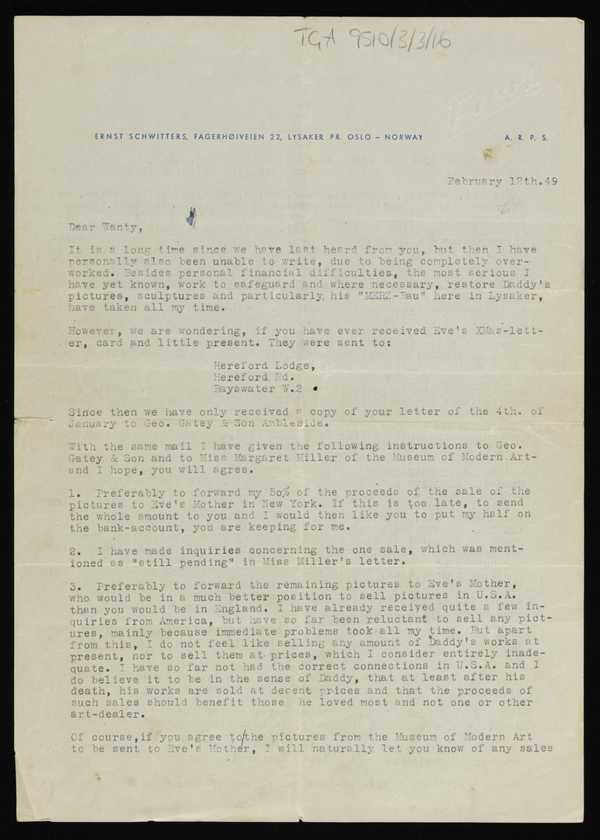 Letter from Ernst Schwitters to Edith Thomas (‘Wanty’) regarding the ...