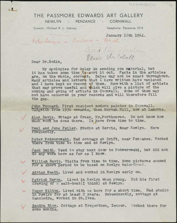 Art in Cornwall’‘, collection owner: Dr J. P. Hodin, 1963–4 ...