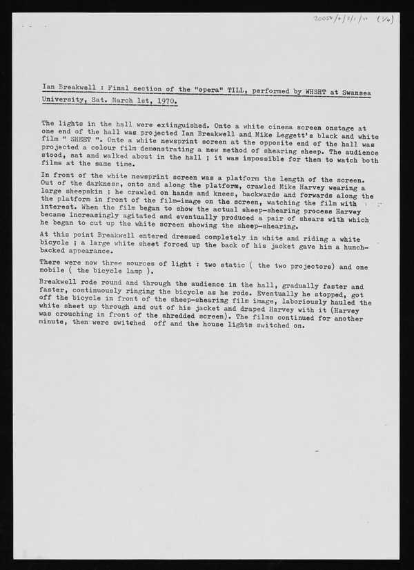Typed document entitled, ‘Ian Breakwell: Final section of the “opera ...