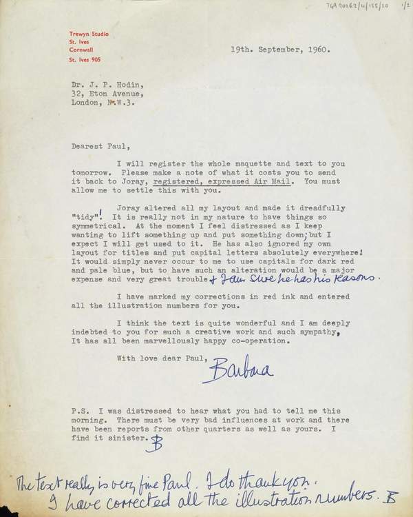 Letter from Barbara Hepworth to J.P. Hodin‘, Dame Barbara Hepworth ...