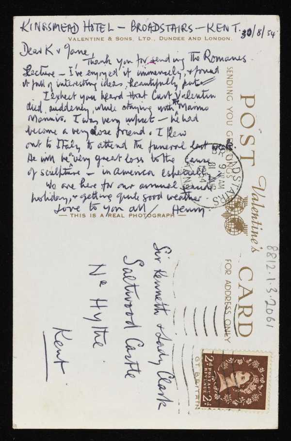 Postcard from Henry Moore to Kenneth and Jane Clark‘, Henry Moore OM ...