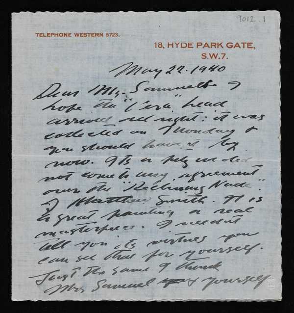 Letter from Jacob Epstein to Mr S. Samuels‘, Sir Jacob Epstein ...