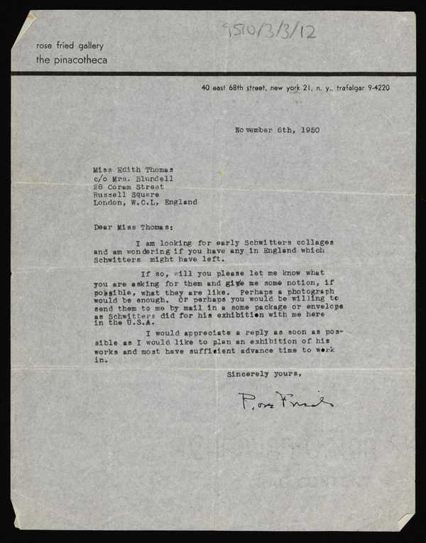 Letter from Rose Fried from The Pinacotheca gallery to Edith Thomas ...
