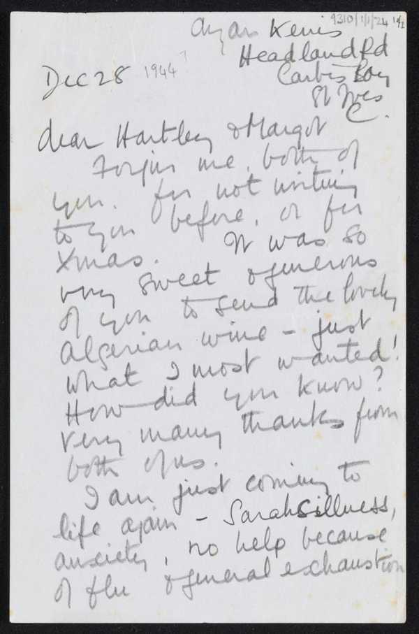 Letter from Barbara Hepworth to [E.H.] Hartley Ramsden and Margot Eates ...