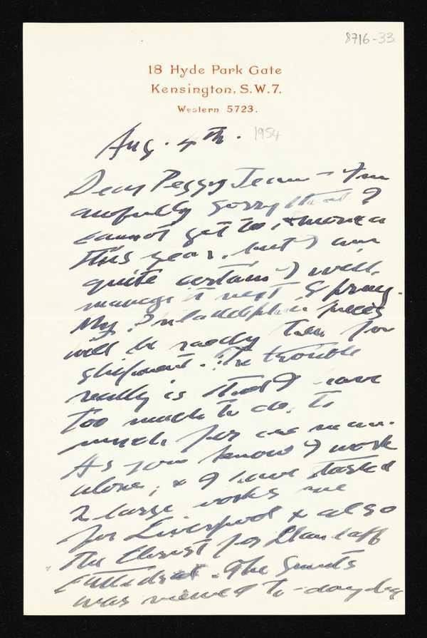 Letter from Jacob Epstein to Peggy Jean‘, Sir Jacob Epstein, recipient ...