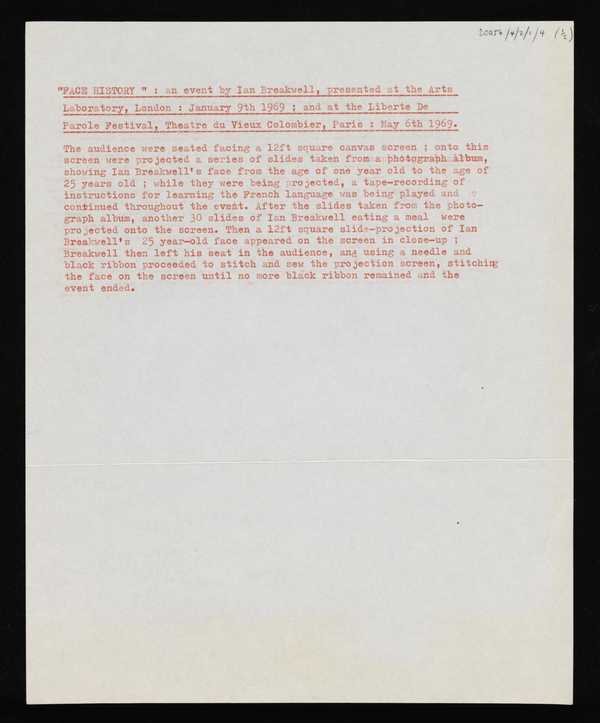 Typed document entitled, ’“Face History”: an event by Ian Breakwell ...