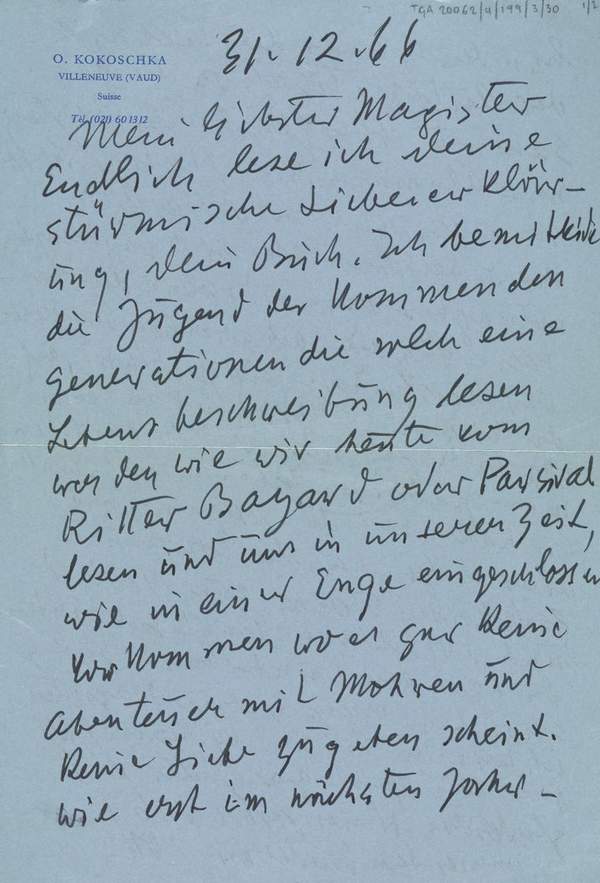 Letter from Oskar Kokoschka to J.P. Hodin‘, Oskar Kokoschka, recipient ...