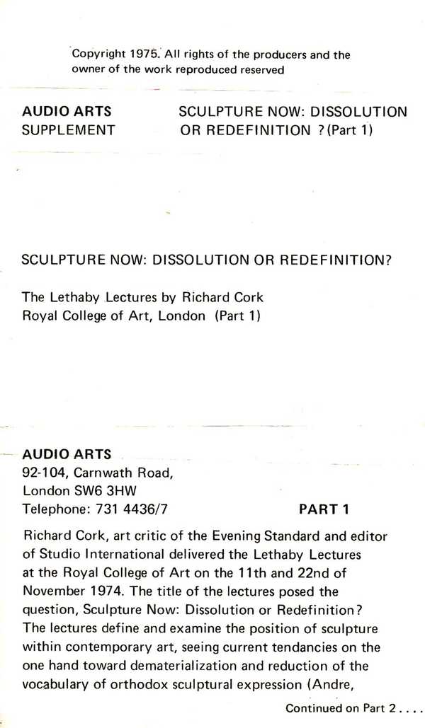 ‘Audio Arts: Published supplement ‘Richard Cork, Lethaby Lectures ...