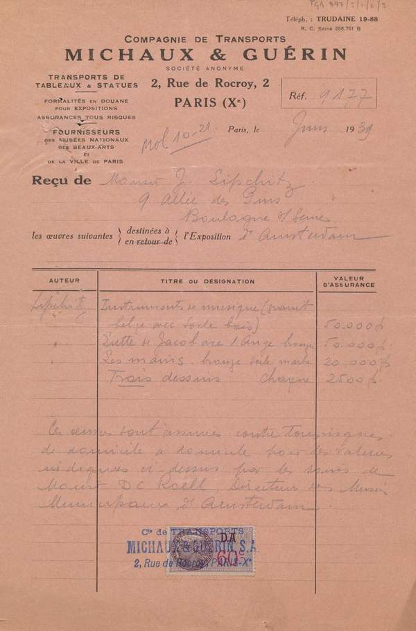 Bill issued by Michaux & Guerin (transport firm) to Jacques Lipchitz ...