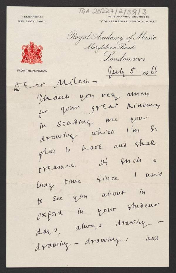 Letter to Milein Cosman from Sir Thomas Armstrong‘, Sir Thomas ...