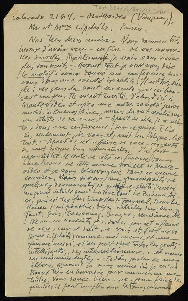 Letter from Joaquin Torres-Garcia to Jacques Lipchitz‘, Joaquín Torres ...